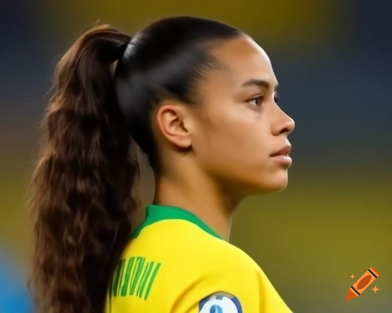 Young Brazilian female soccer player with curly hair in ponytail ...