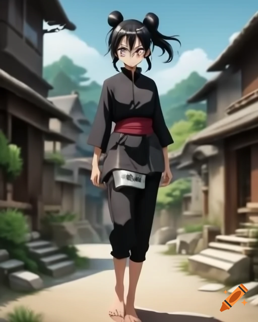 Elegant barefoot ninja woman with black pigtails posing in village ...