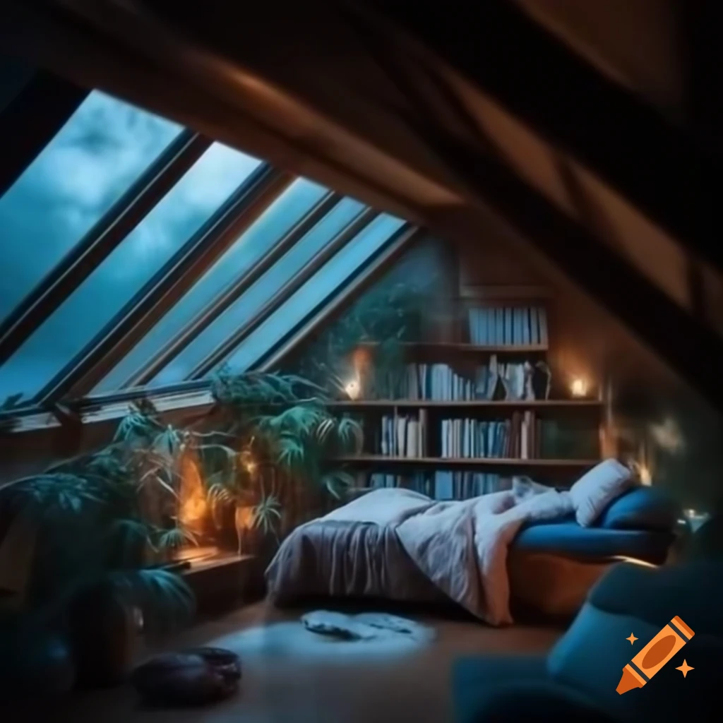 Cozy loft apartment interior with ambient lighting, plants, and a view ...