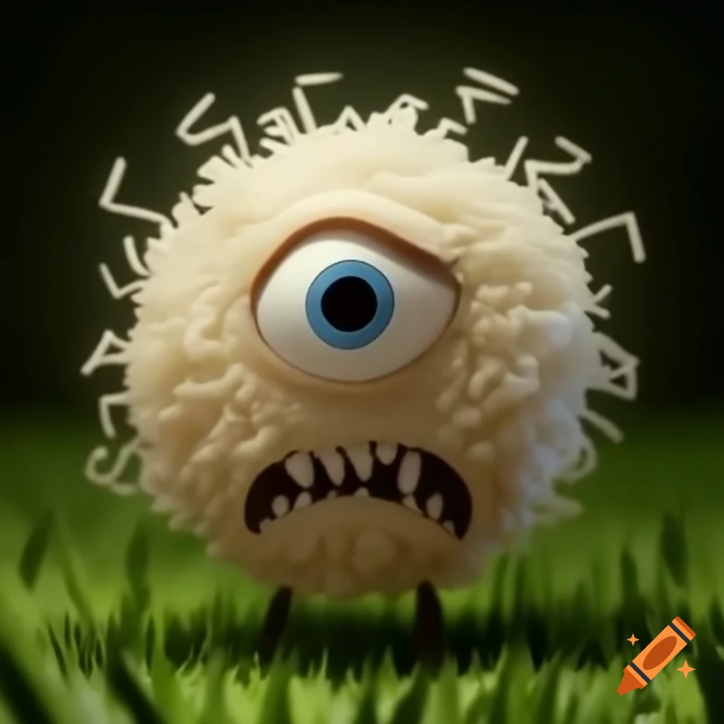 Rice ball with googly eyes and mischievous eyebrows on Craiyon