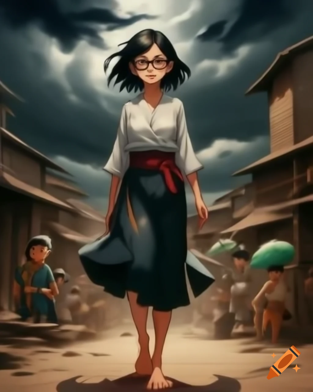 Playful barefoot ninja woman in stormy village wearing glasses and ...