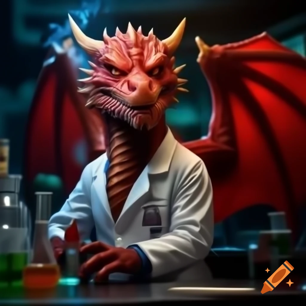 Enraged red dragon in lab coat reacting fiercely in hidden laboratory ...