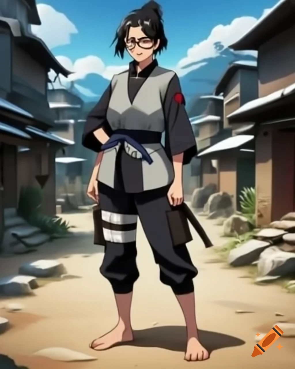 Confident barefoot ninja woman in glasses sneaking through village ...