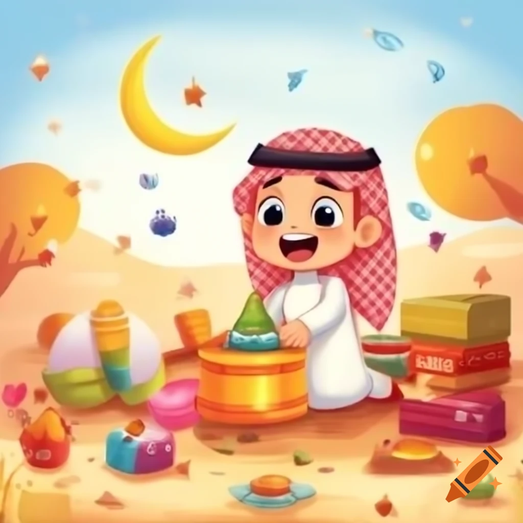 Cartoon of Saudi children hugging each other during Eid Mubarak ...