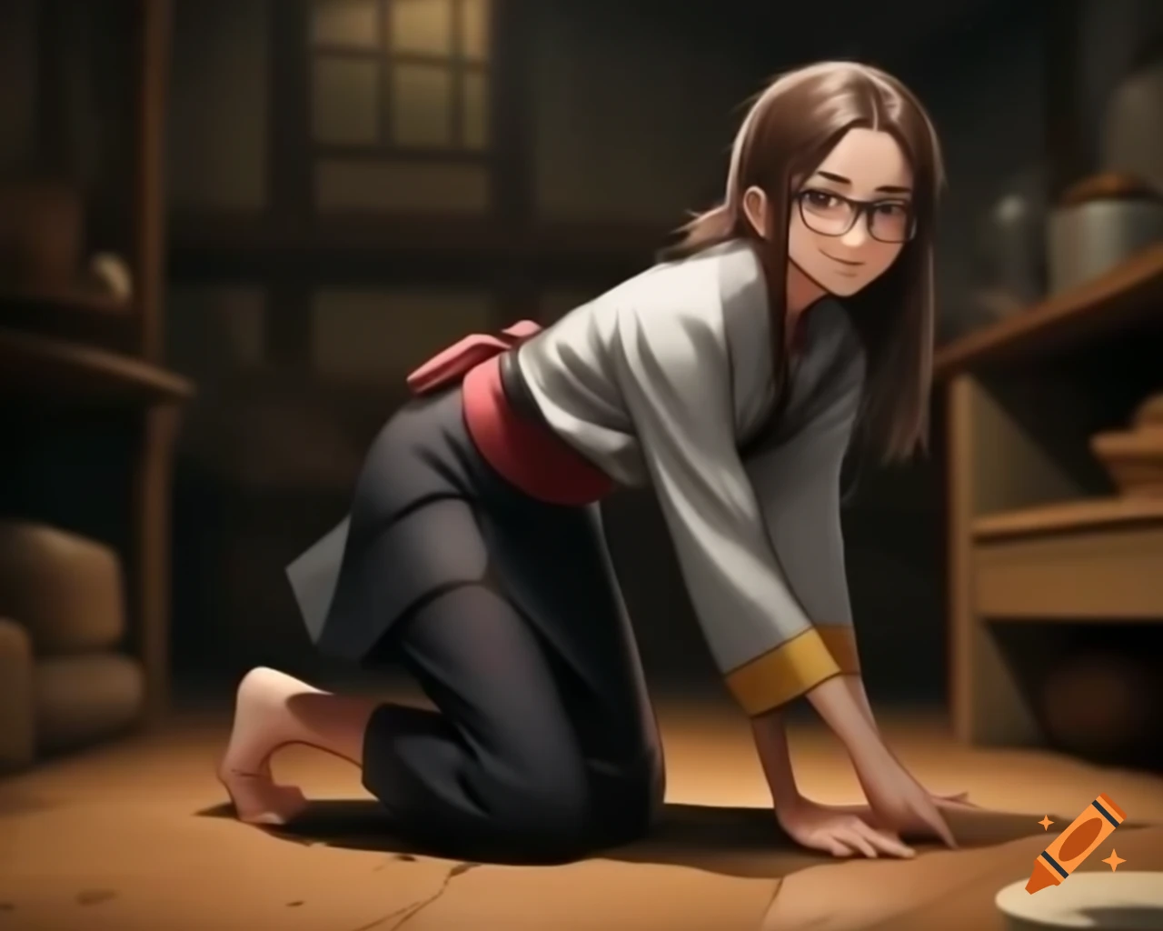 Elegant barefoot ninja woman in glasses crawling in village home, anime ...