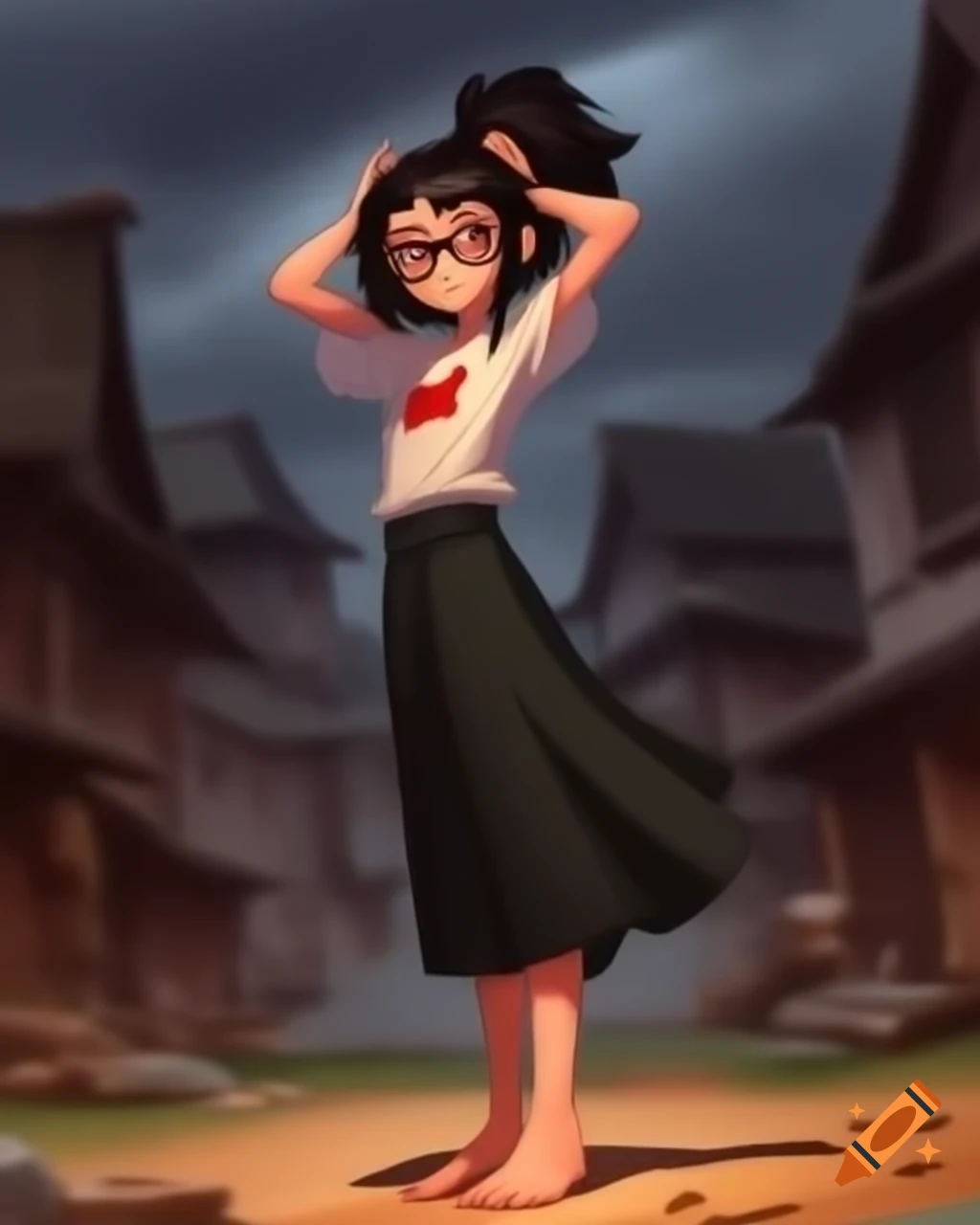 Playful barefoot ninja woman in glasses posing in stormy village, anime ...