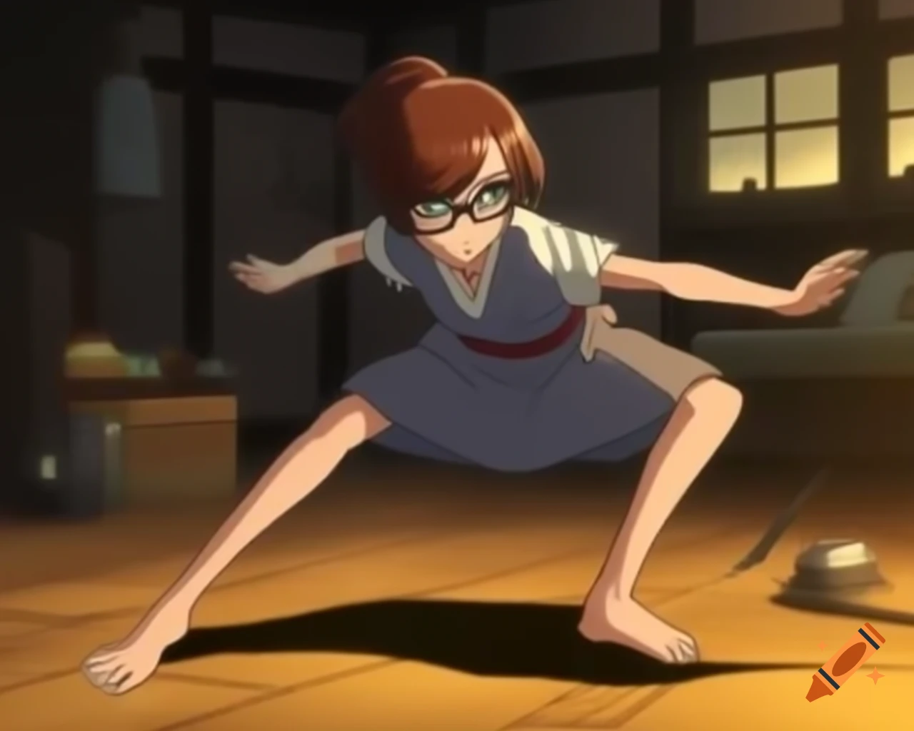 Elegant barefoot ninja woman in glasses crawling in village home, anime ...