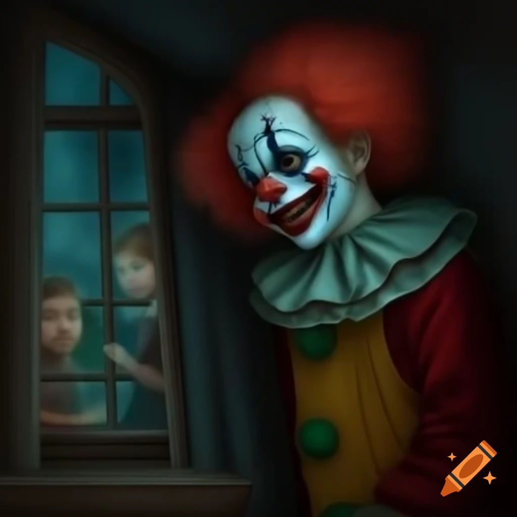 Creepy clown peering through window at children, 80's style on Craiyon