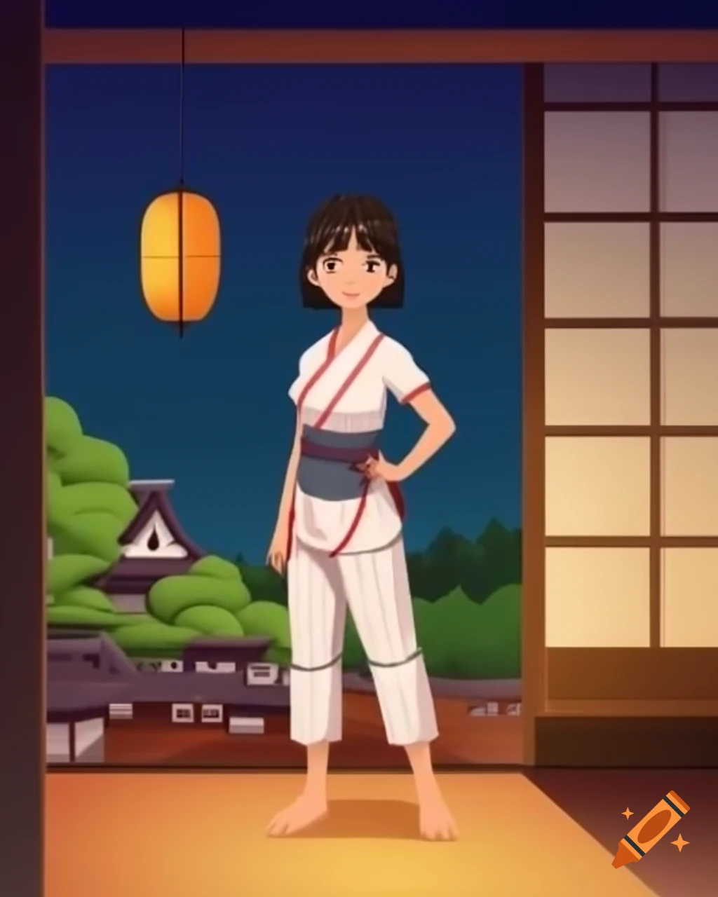 Elegant barefoot ninja woman posing in Japanese village home on Craiyon