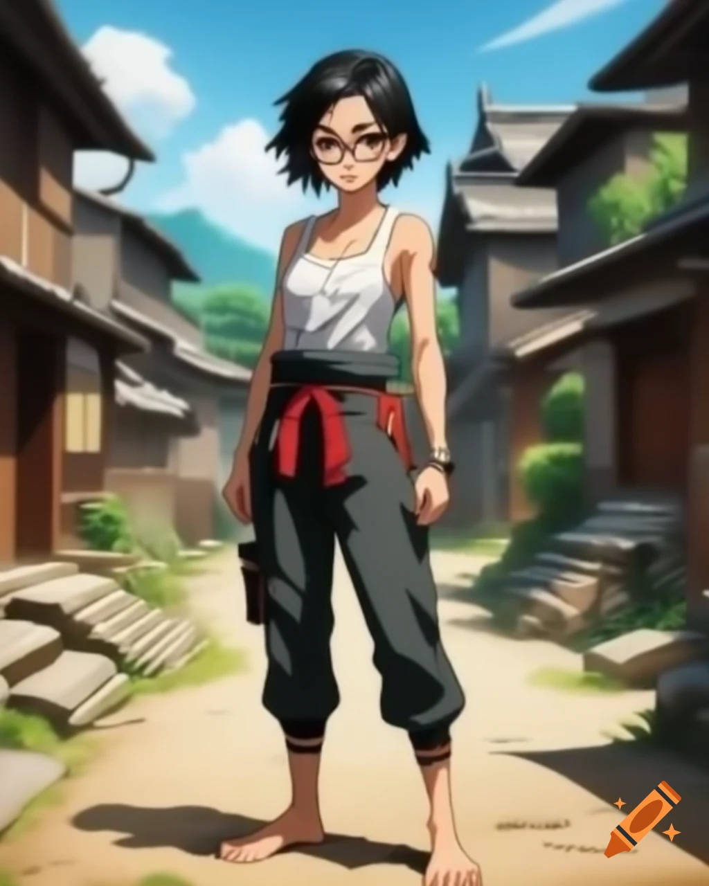Confident barefoot ninja woman in glasses posing in anime village on ...