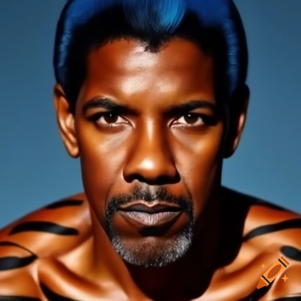 Muscular Denzel Washington with tiger-style makeup featuring blue hair ...