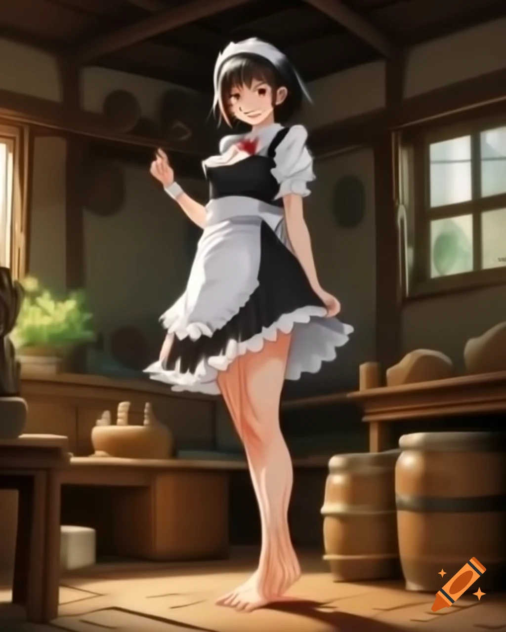 Elegant barefoot ninja maid woman posing in village home, anime style ...