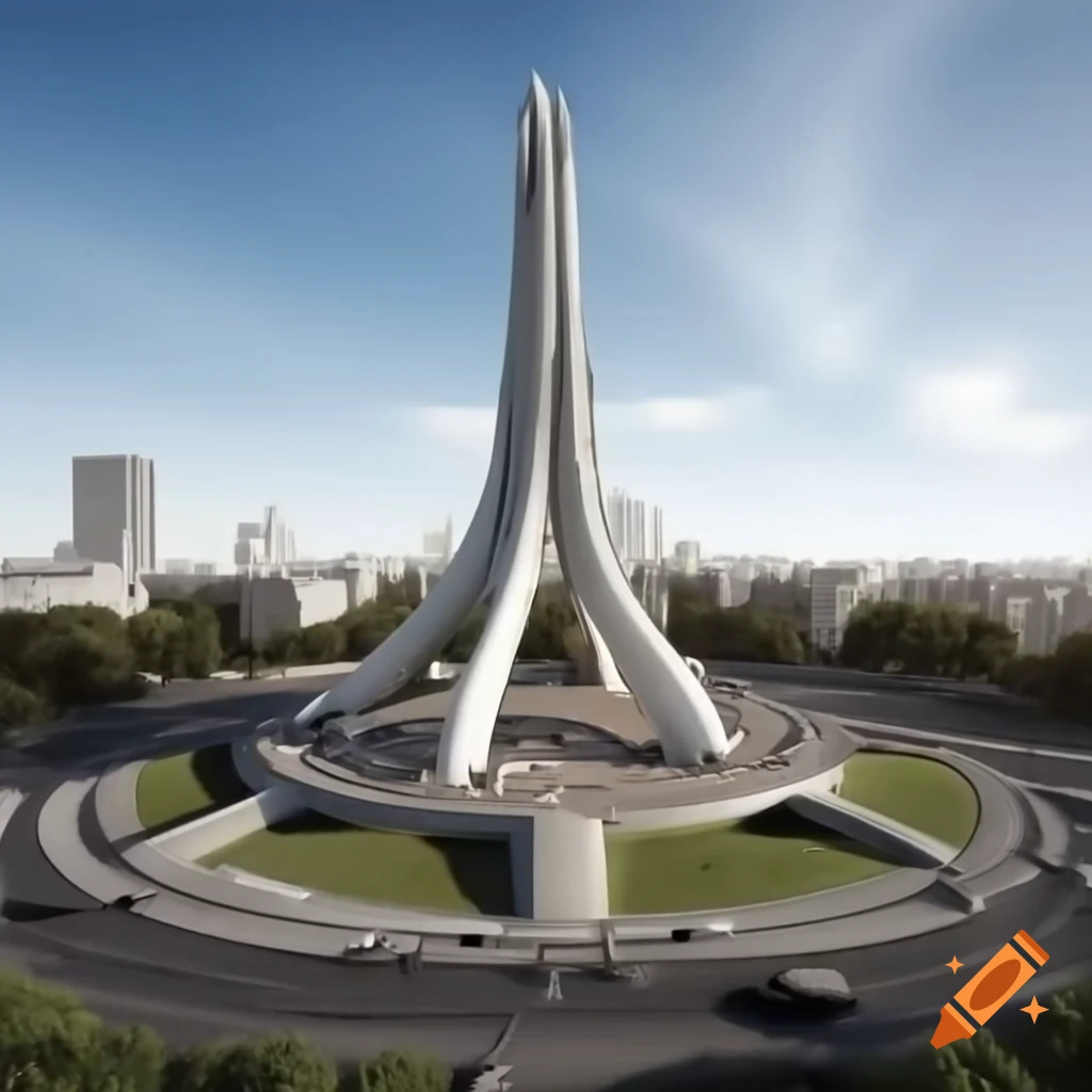 Futuristic monument symbolizing triumph and equality in busy roundabout ...