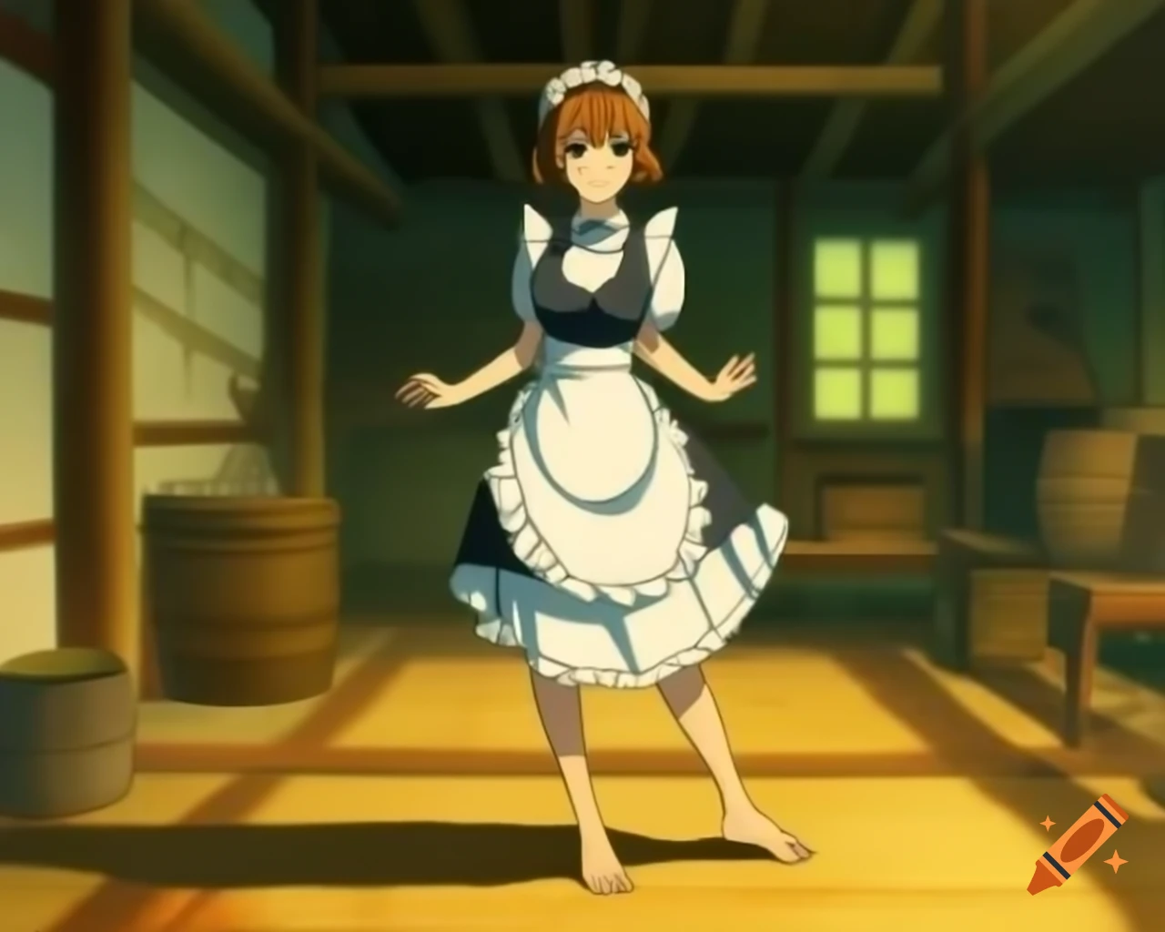 Elegant barefoot ninja maid woman posing in village home, anime style ...