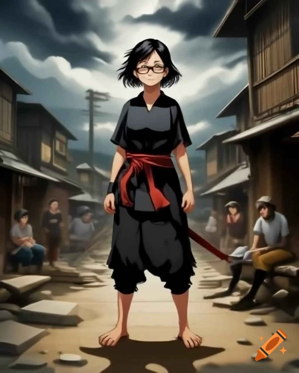 Cheerful barefoot ninja woman with glasses in stormy village setting on ...