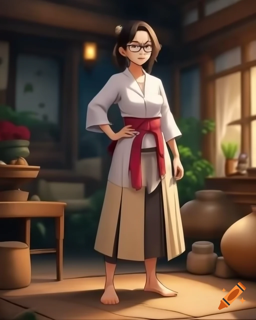 Elegant barefoot ninja woman in glasses posing in village home, anime ...