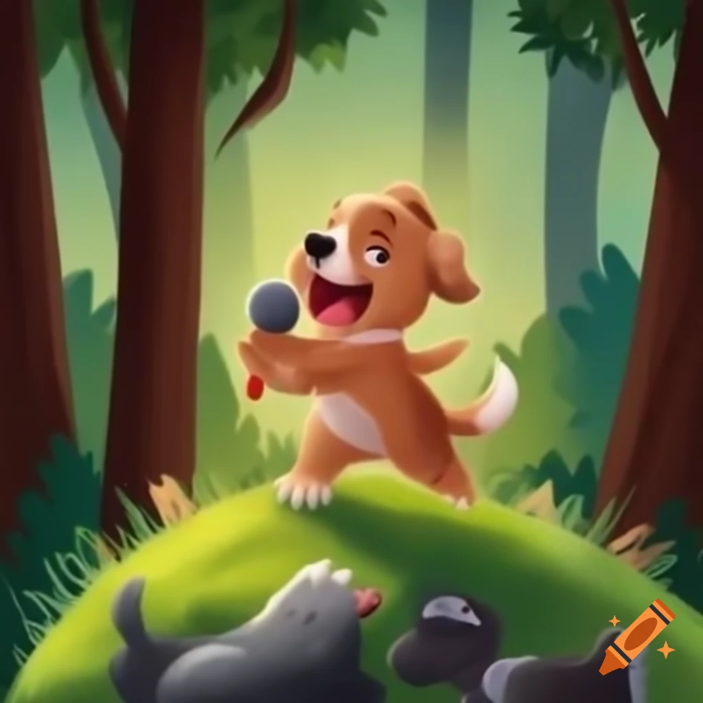 Animated puppy singing and dancing on grassy hill with forest animals ...