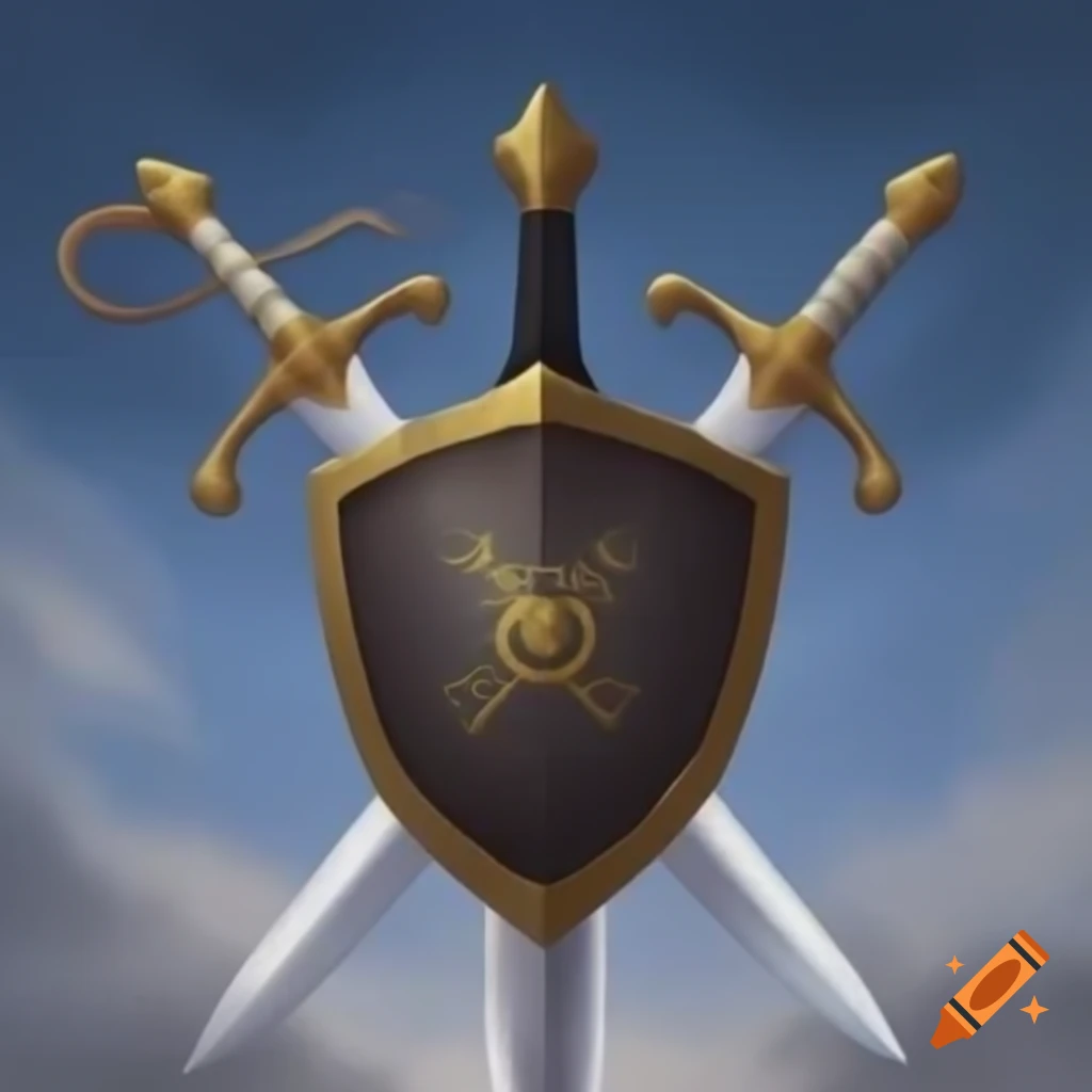 Crossed sword, shield, and dagger on a banner on Craiyon