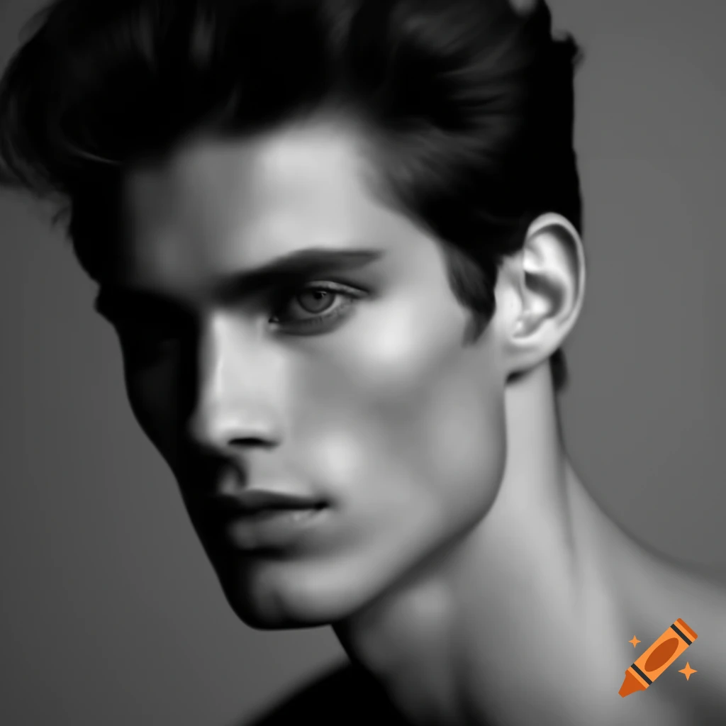 Handsome male supermodel with a gentle smirk in a high contrast studio ...