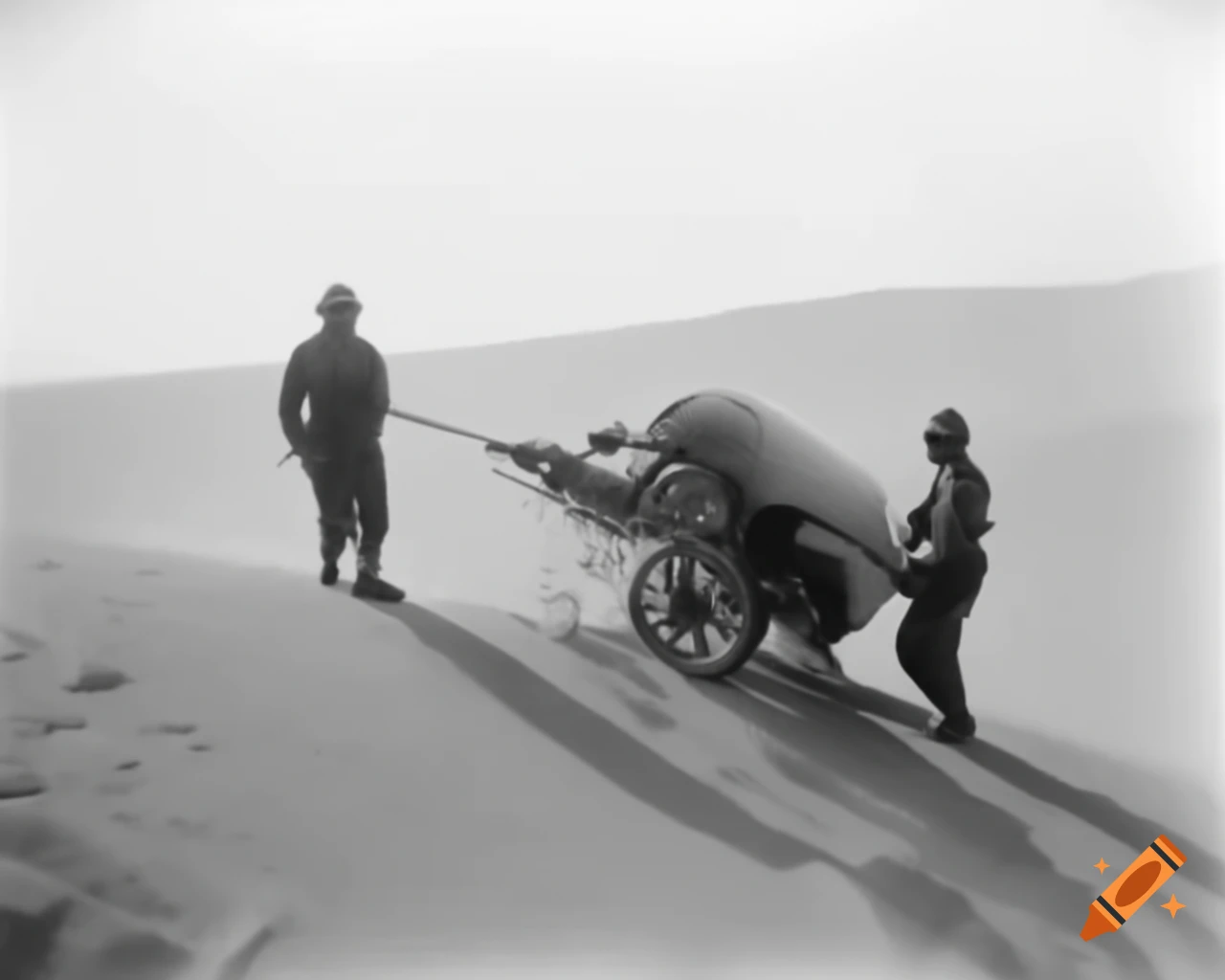 Giant lobster carried by WW2 British soldiers in sand dunes on Craiyon