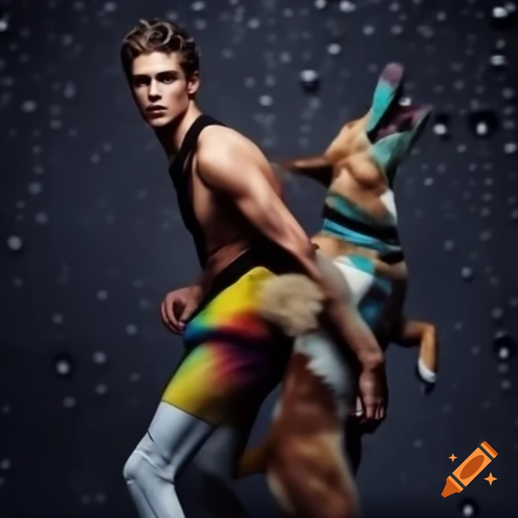 Male supermodel in studio shoot with high contrast colors, spinning ...