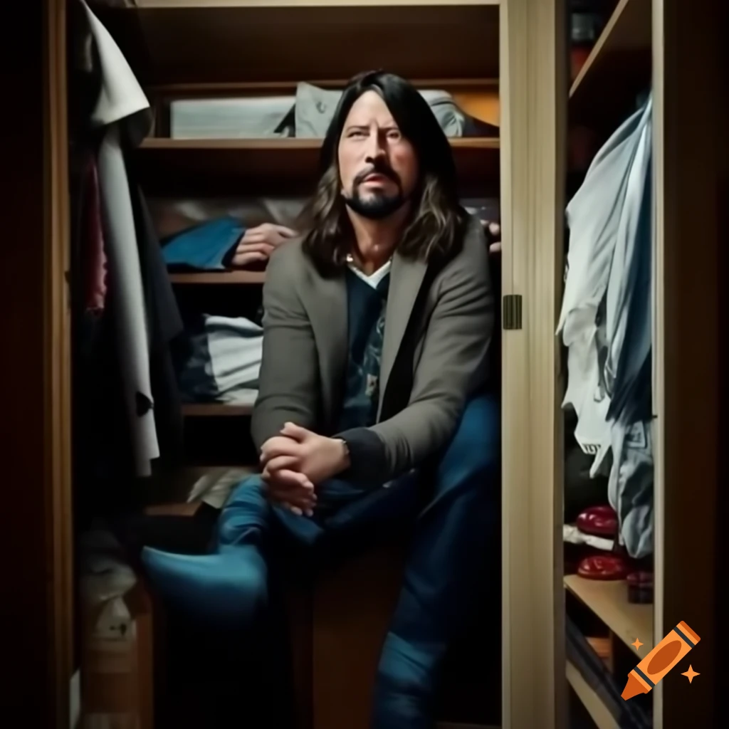 Dave Grohl humorously depicted in a closet asking for help on Craiyon