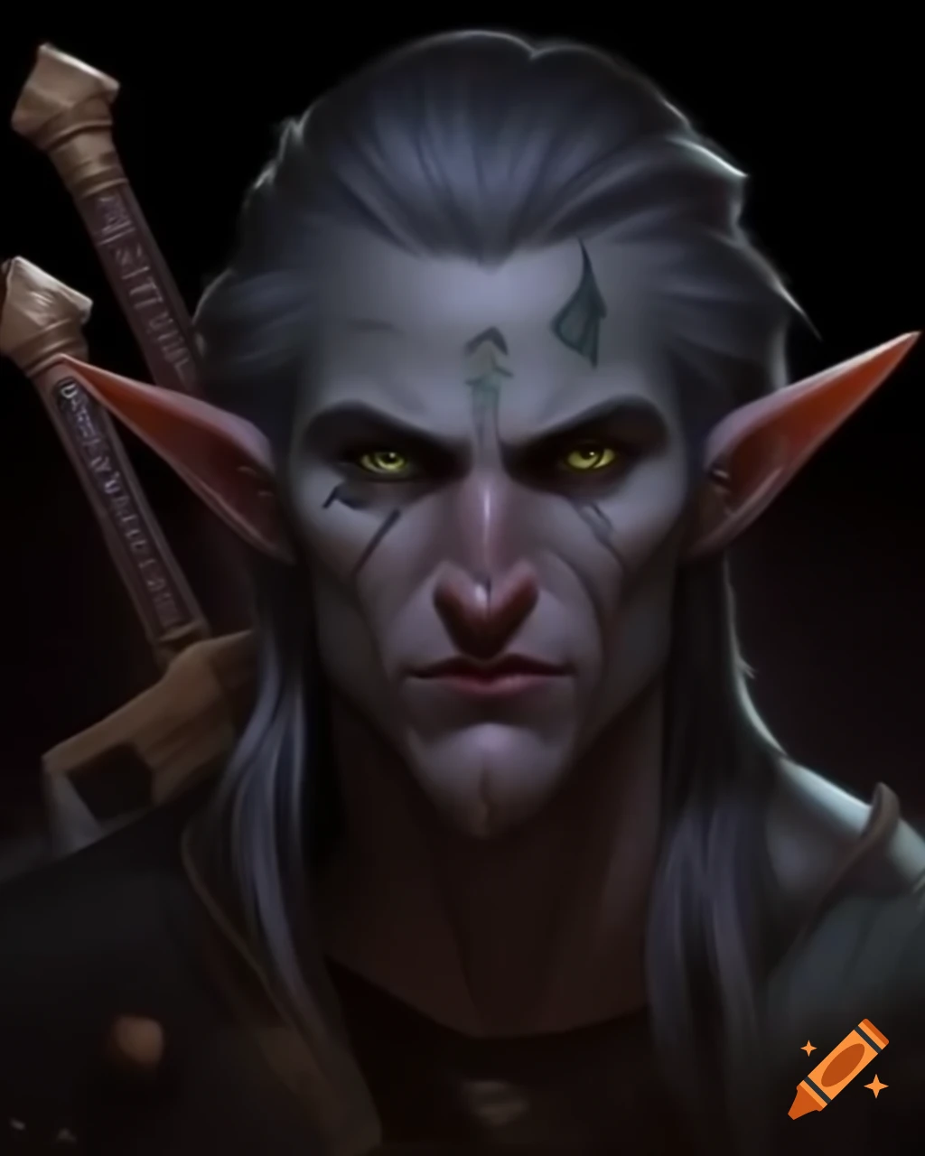Dark elf character with grey skin, white hair, and tattoos in dark ...