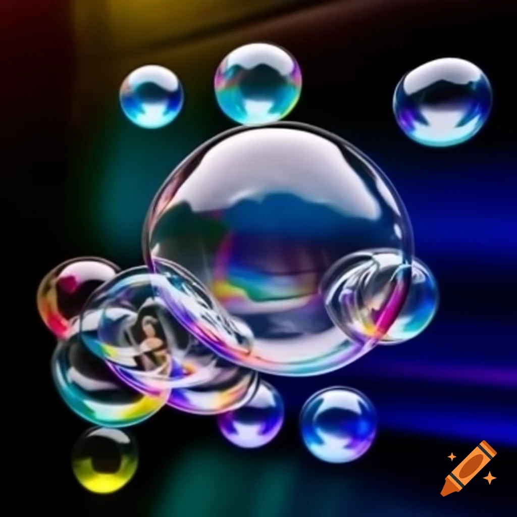 High contrast studio shoot of colorful hollow bubbles against metallic ...