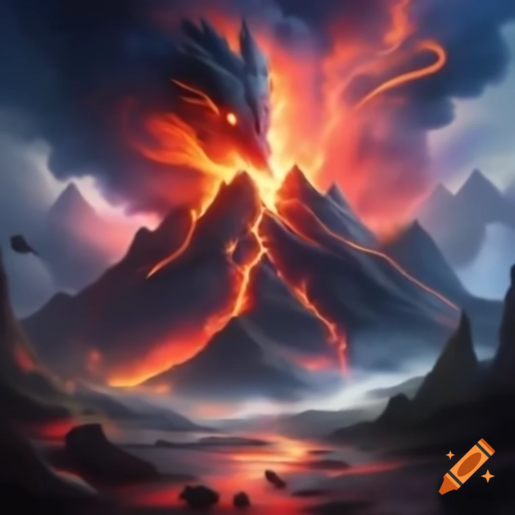 Volcano with flowing lava, dragon flying above and baby dragon with ...