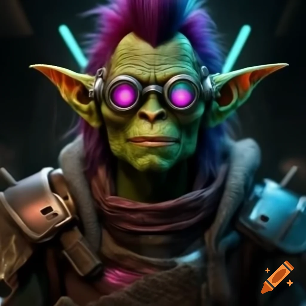 Wild-eyed goblin with mohawk in neon cyberpunk car singing joyfully on ...