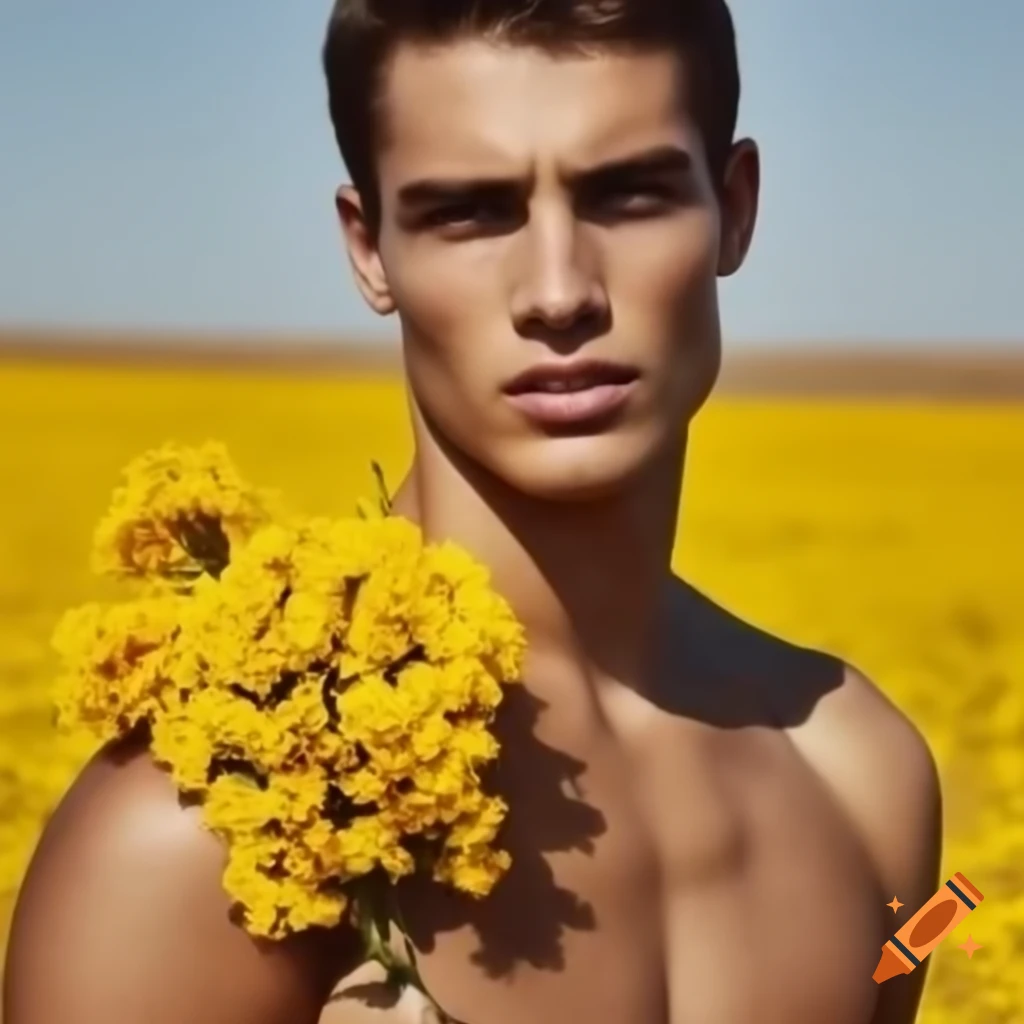 Male supermodel in studio, high contrast colors with lion and savannah ...