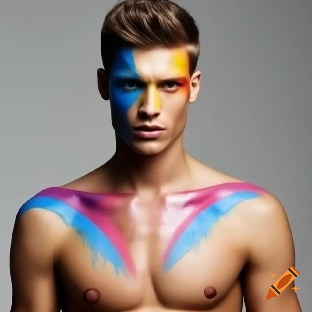 Confident male supermodel in studio, colorful body paint and high ...
