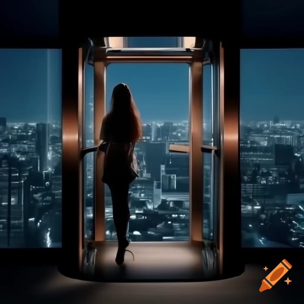 Asian woman with long hair in futuristic glass elevator overlooking ...