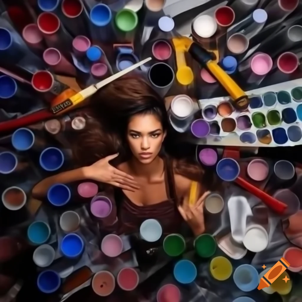 Male supermodel in studio shoot with colorful painter's tools on Craiyon