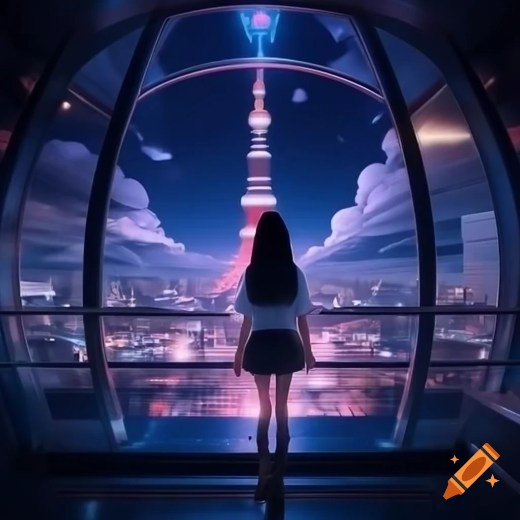 Young woman in futuristic glass elevator with Tokyo night view and ...