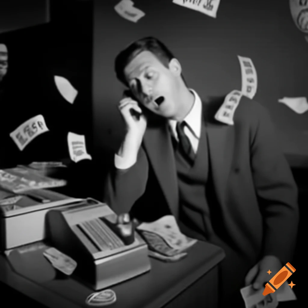 Angry store clerk yelling on the phone next to broken cash register on ...