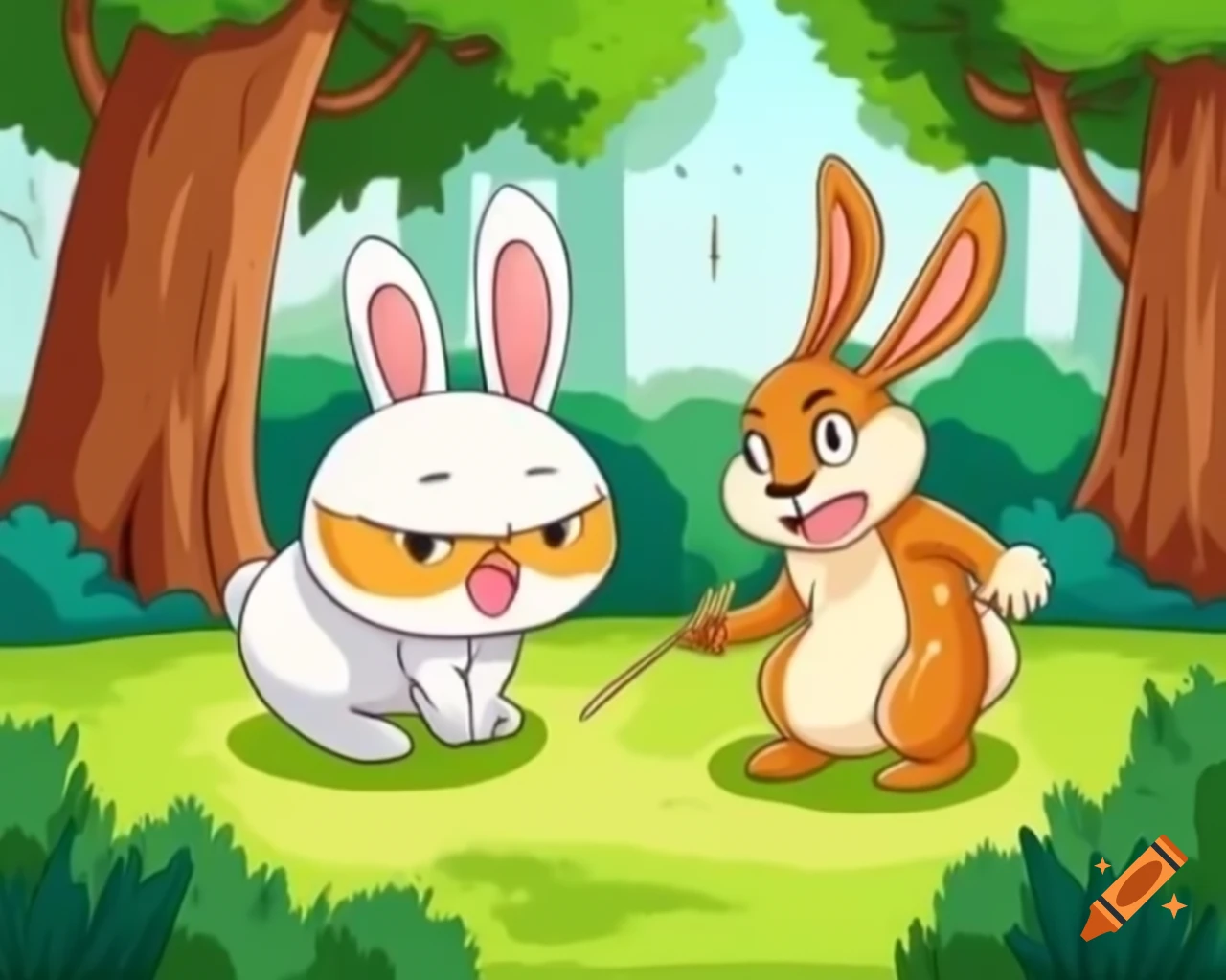 White and ginger hares meeting in a manga style forest scene on Craiyon
