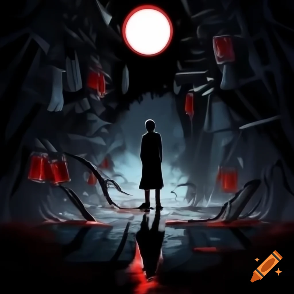 Shadowy figure in dim jungle with surgical table and reflective pool on ...