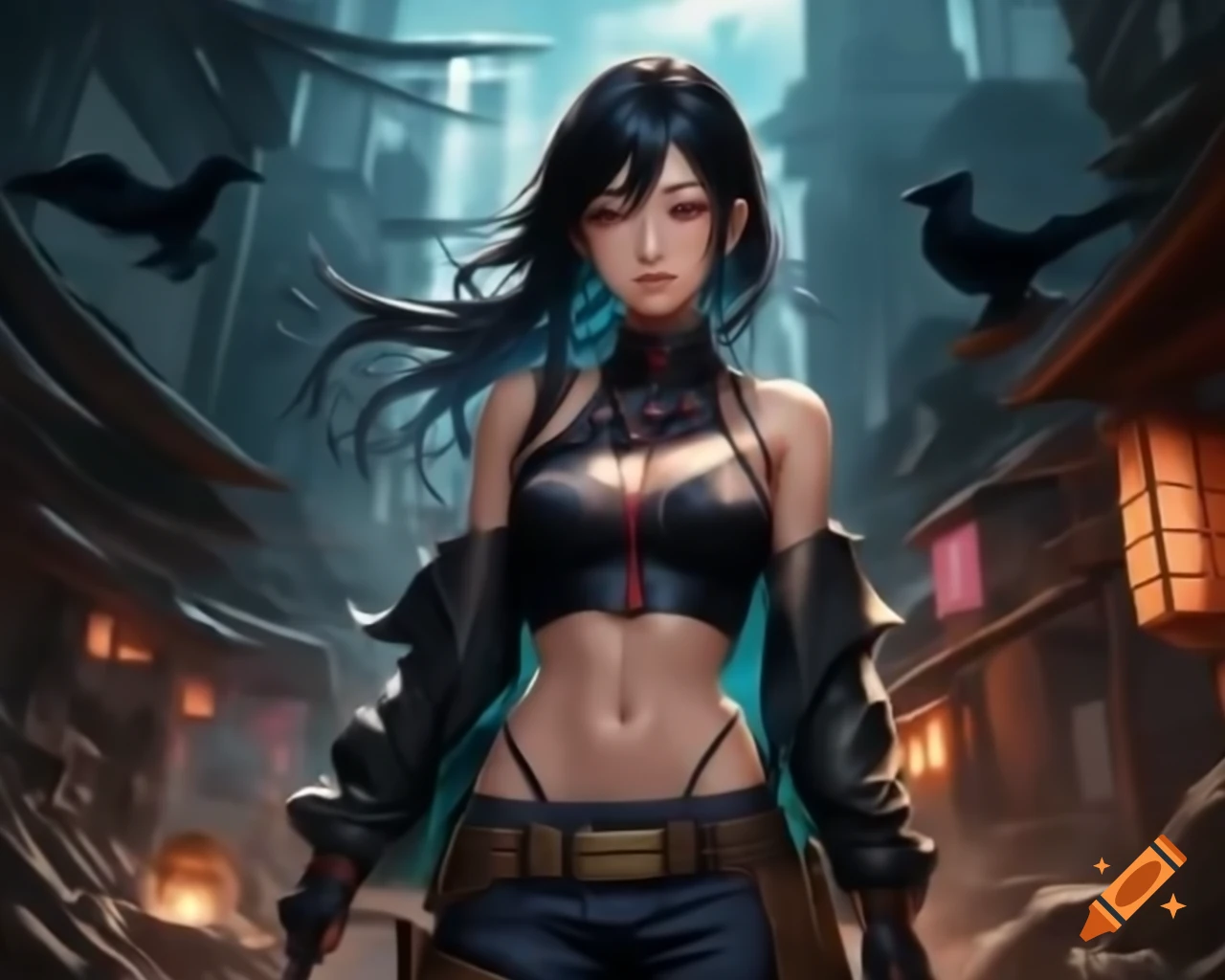 Young Japanese woman in futuristic punk aesthetic with raven hair and combat boots on Craiyon