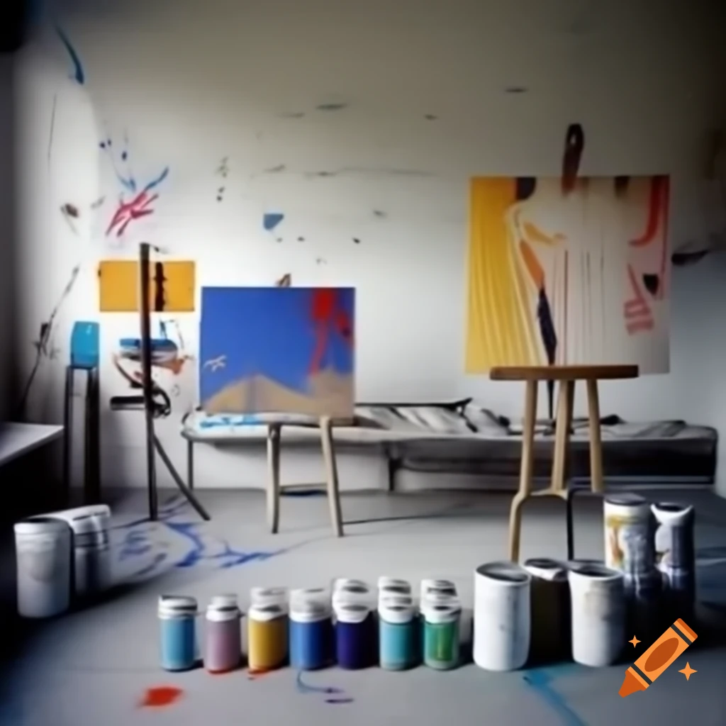 Creative art studio filled with paint cans, easels, and colorful supplies on Craiyon