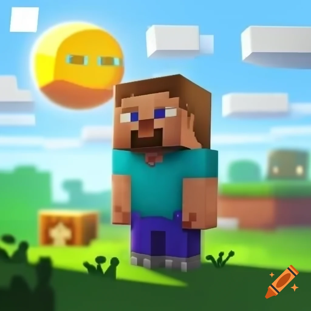 Minecraft character Steve standing on grass with sky, sun, and clouds ...
