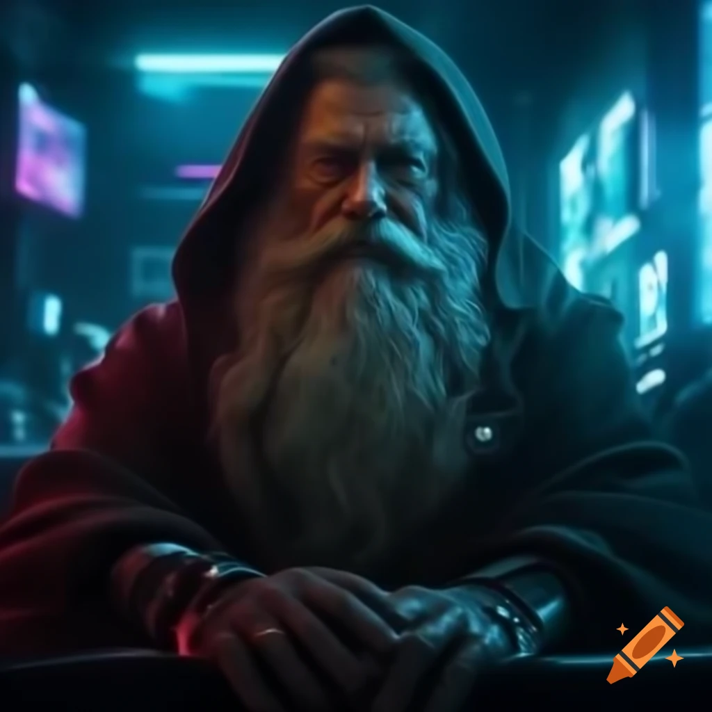 Bearded old man in robe surrounded by neon lights in cyberpunk setting ...
