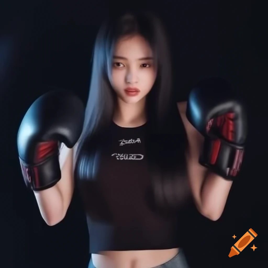 Young woman in stylish fighting outfit training with sandbag in boxing ...