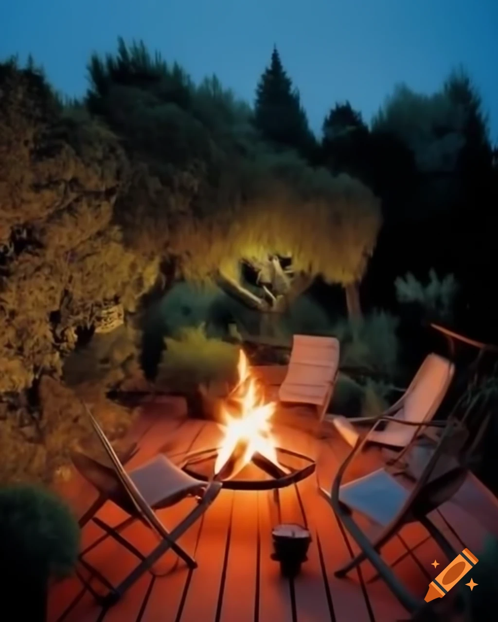 Cozy fireplace on terrace with chairs and surrounding garden on Craiyon