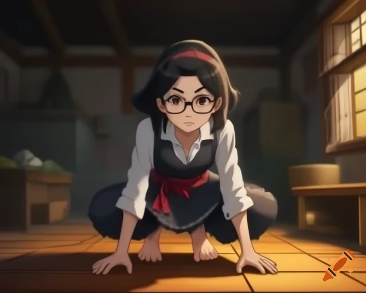 Anime ninja woman in glasses and skirt crawling in village home on Craiyon