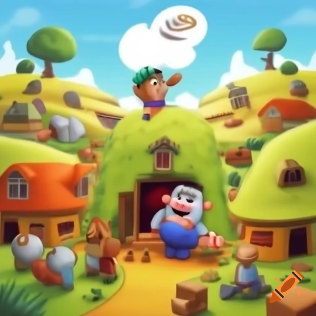 2D illustration of a story titled 'The Mischievous Villager' set in a ...