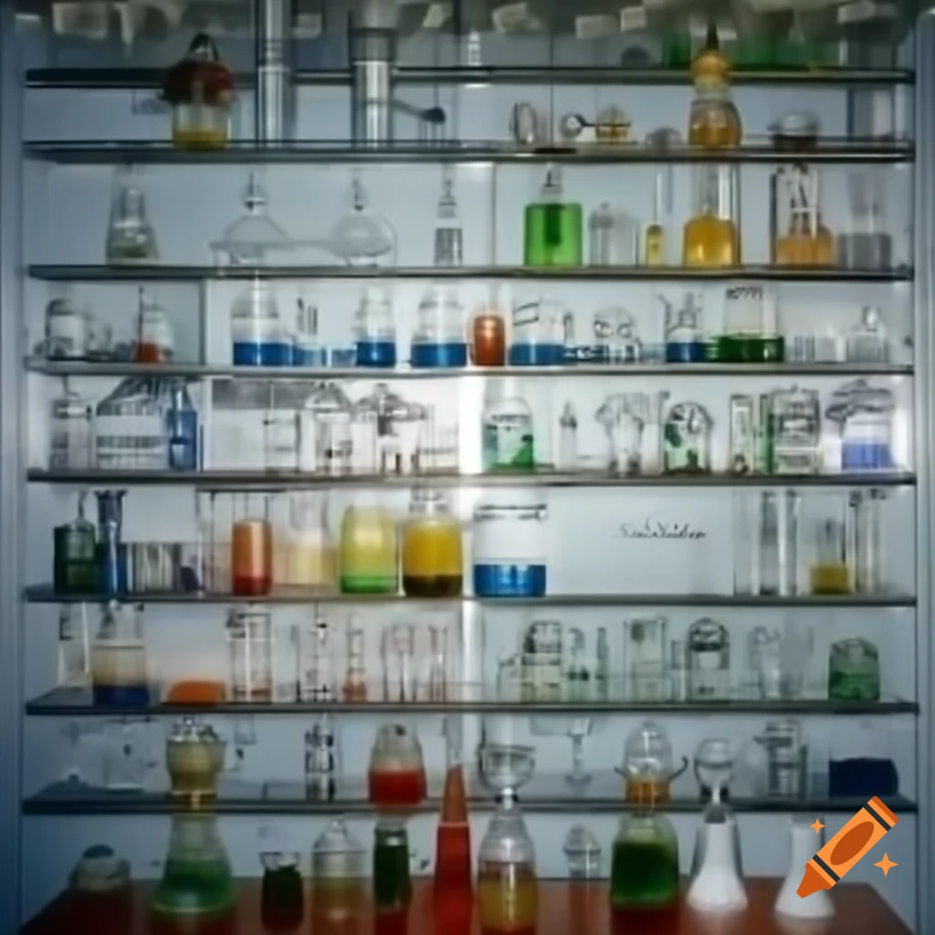Colorful laboratory wall with calculations and glass equipment under ...