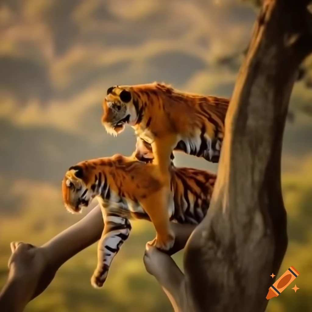 Two orange tigers atop a tree watching the sunset on Craiyon