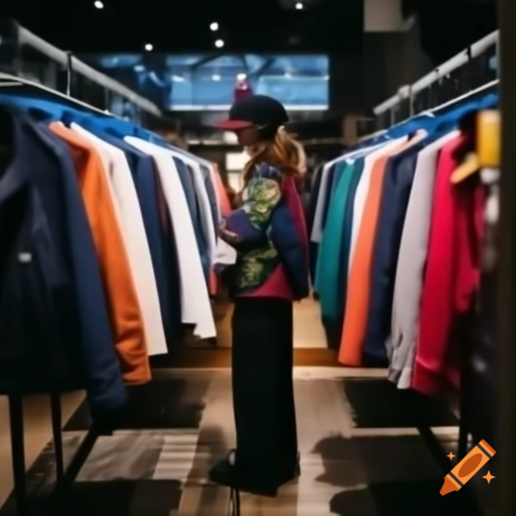 Woman browsing colorful jackets in a brightly lit clothing store on Craiyon