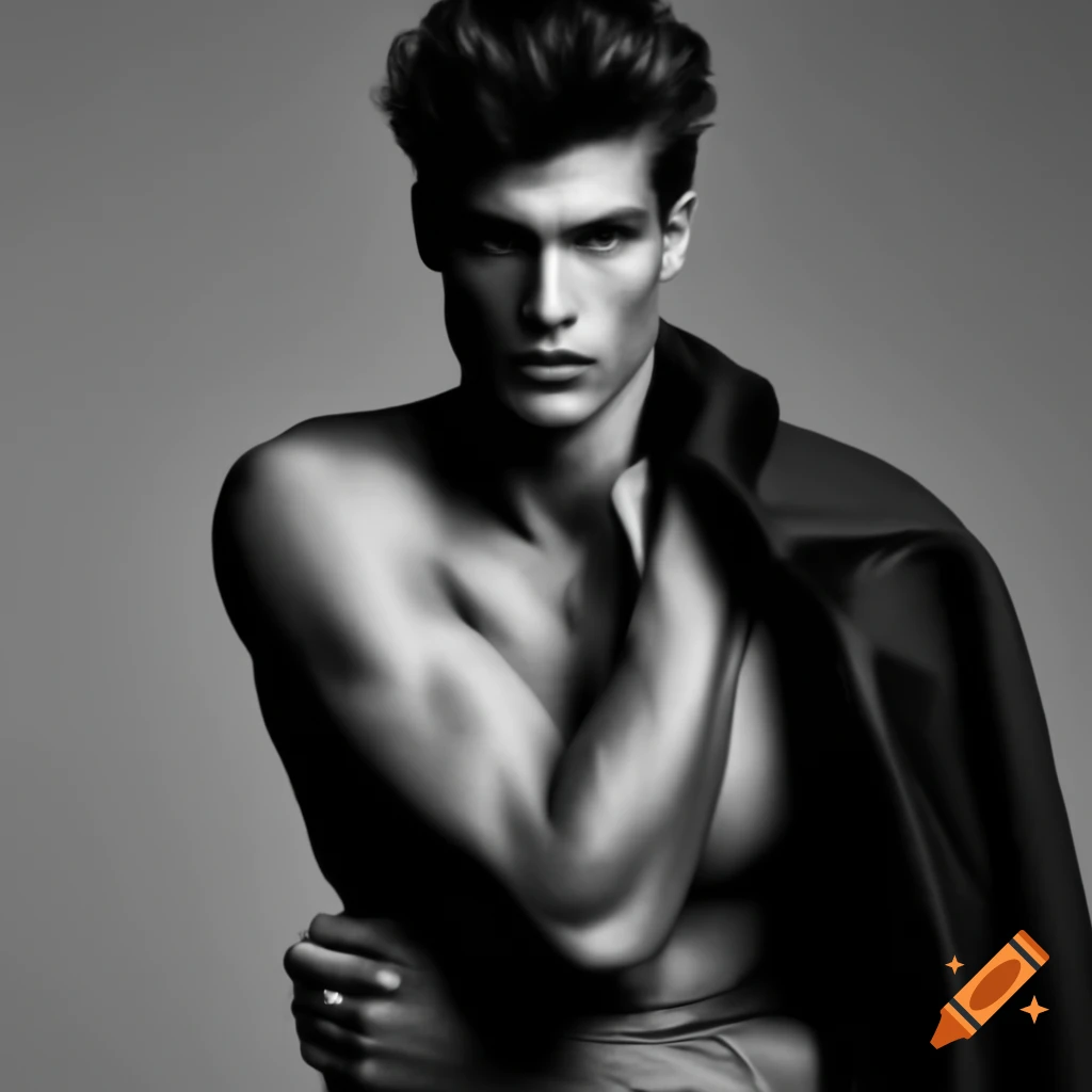 Confident male supermodel in jeans with cape, high contrast studio shot ...